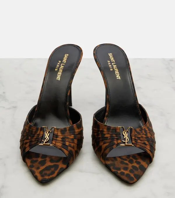 Saint Laurent Babylone Cassandre Grosgrain Mules In Leopard Print - Brown
