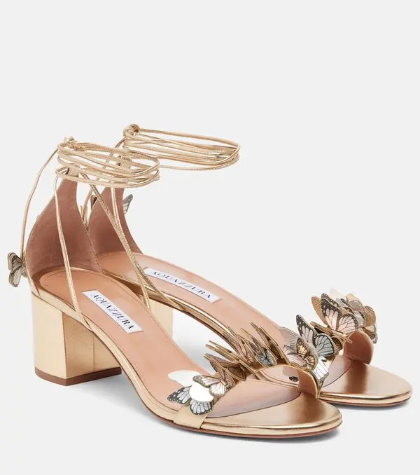 AQUAZZURA Papillon Appliqué Metallic Leather Sandals - Gold