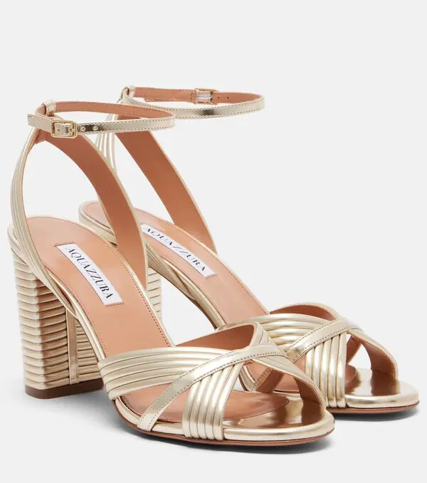 AQUAZZURA Metallic Leather Block Heel Sandals - Gold