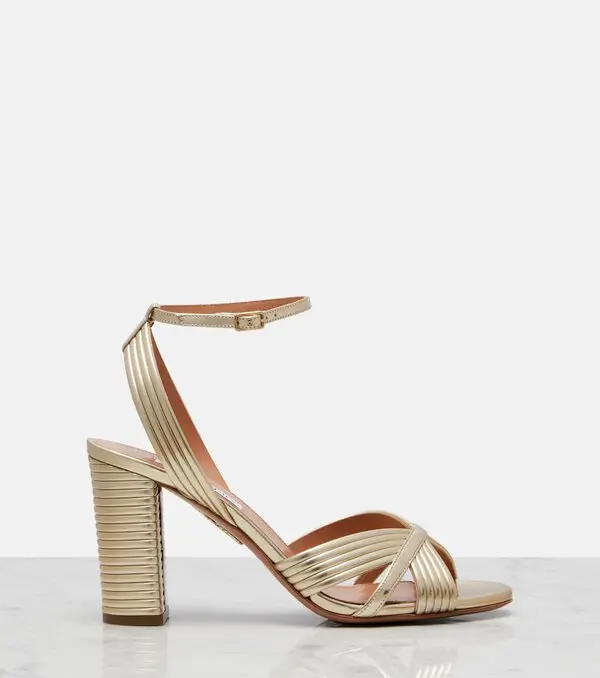 AQUAZZURA Metallic Leather Block Heel Sandals