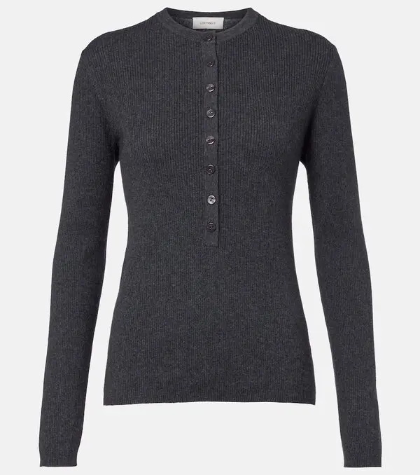 LISA YANG Airi Ribbed-knit Cotton And Cashmere Henley Shirt In Salt - Grey