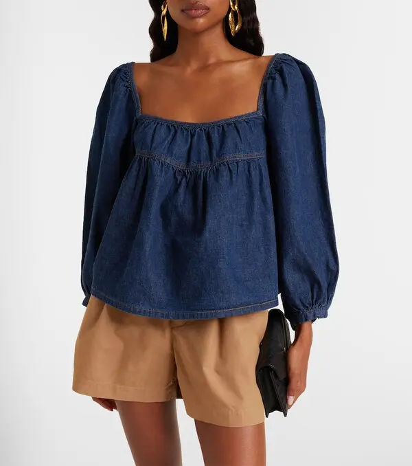 Saint Laurent Gathered Denim Blouse