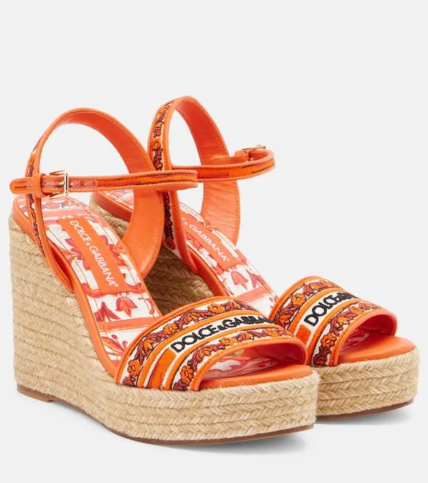 Dolce & Gabbana Embroidered Floral Espadrille Wedges - Orange