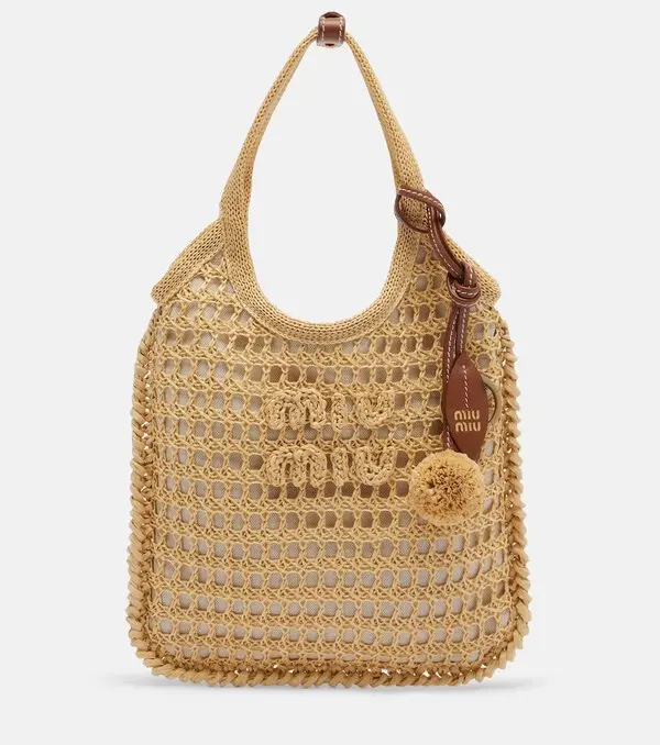 Miu Miu Ivy Crochet Raffia-effect Top-handle Bag - Beige