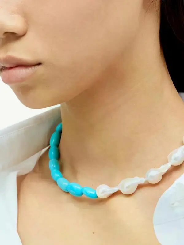 FLOWER POWER Baroque Pearls Necklace With Turquoise Beads