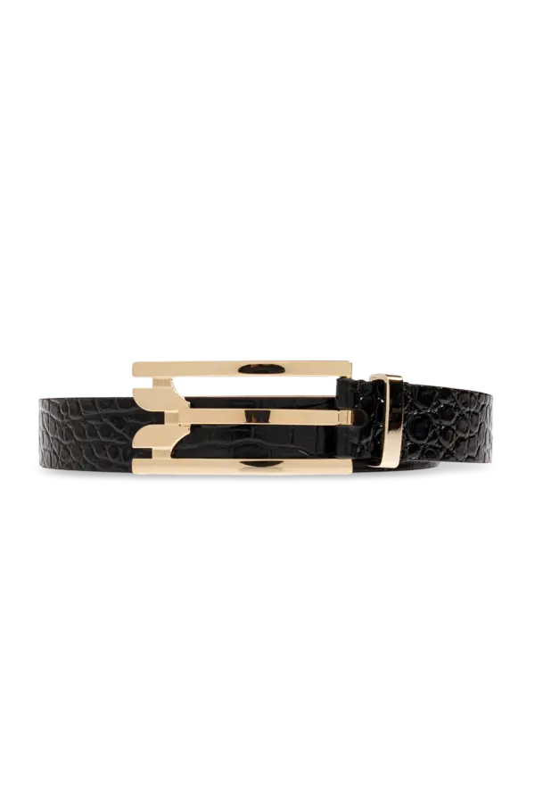 Victoria Beckham Crocodile-embossed Leather Skinny Belt With Gold Geometric Buckle - Black