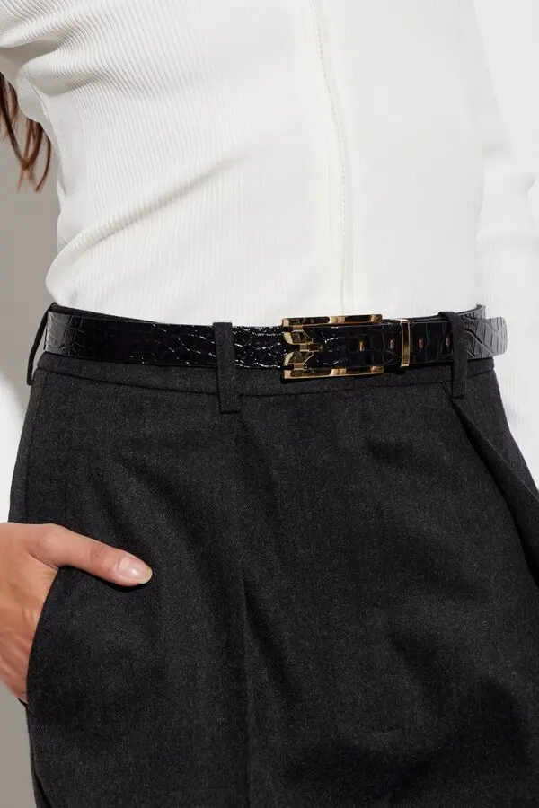 Victoria Beckham Crocodile-embossed Leather Skinny Belt With Gold Geometric Buckle - Black
