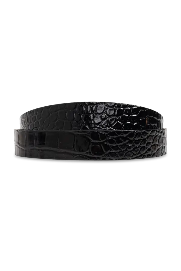 Victoria Beckham Crocodile-embossed Leather Skinny Belt With Gold Geometric Buckle - Black