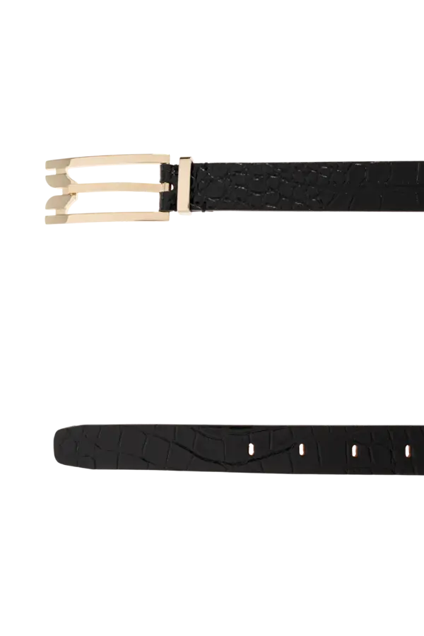 Victoria Beckham Crocodile-embossed Leather Skinny Belt With Gold Geometric Buckle - Black