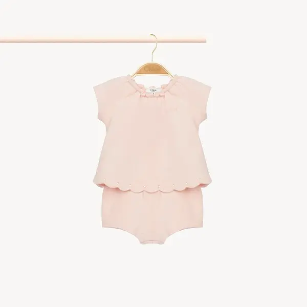 Chloé Organic Cotton Baby Romper With Rhinestone Embellished Scalloped Hem - Pastel Pink