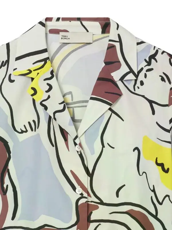 Tory Burch Cherub Print Cotton Camp Shirt - Neutrals