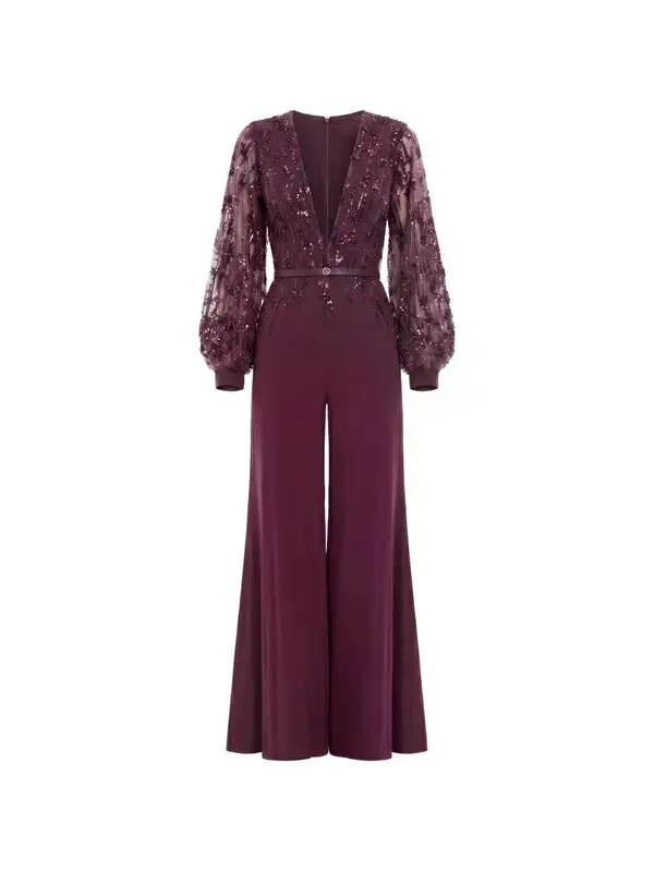 SAIID KOBEISY Embellished V-neck Belted Jumpsuit - Purple