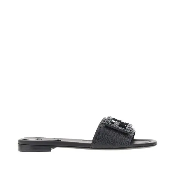 Fendi Baguette' Grained Leather Slides - Black