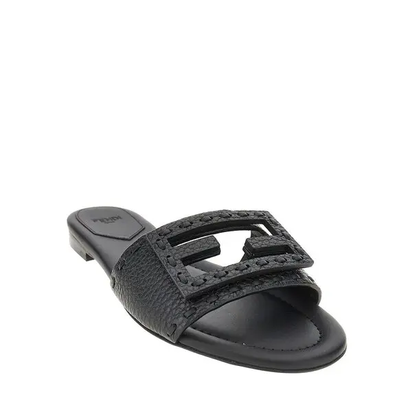 Fendi Baguette Grained Leather Slides - Black