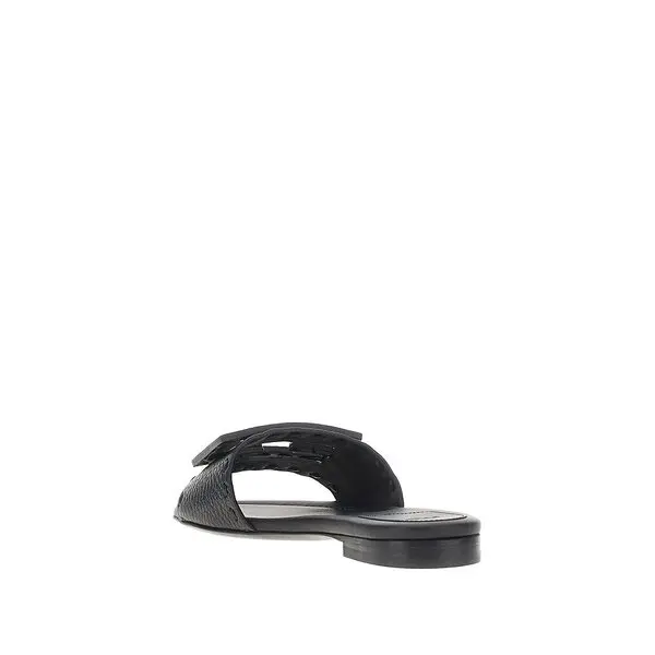 Fendi Baguette Grained Leather Slides - Black