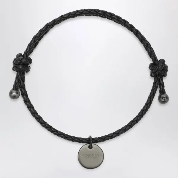 Bottega Veneta Woven Leather Bracelet With Logo Plaque - Black