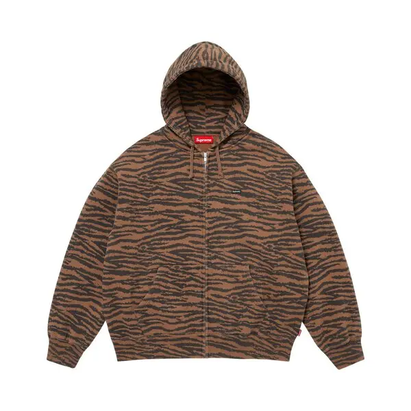 Supreme Small Box Zip Up Hooded Sweatshirt With Tiger Print - Brown