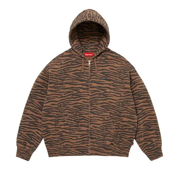 Supreme Small Box Zip Up Hooded Sweatshirt With Tiger Print - Brown