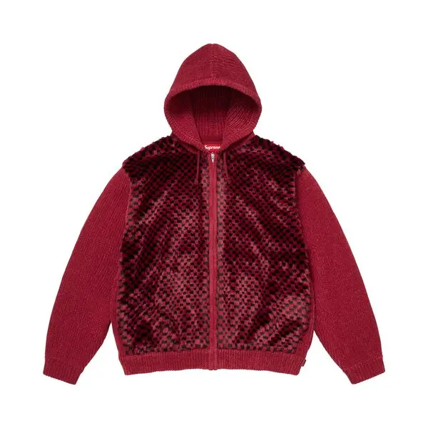 Supreme Checkerboard Faux Fur Zip Up Hooded Sweater