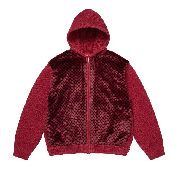 Supreme Checkerboard Faux Fur Zip Up Hooded Sweater
