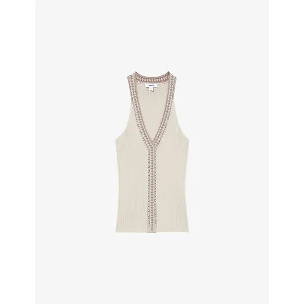 REISS Nora Contrast-trim Ribbed Knitted Vest - Neutral