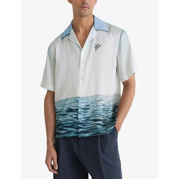 REISS Dive Cuban-collar Landscape-print Woven Shirt