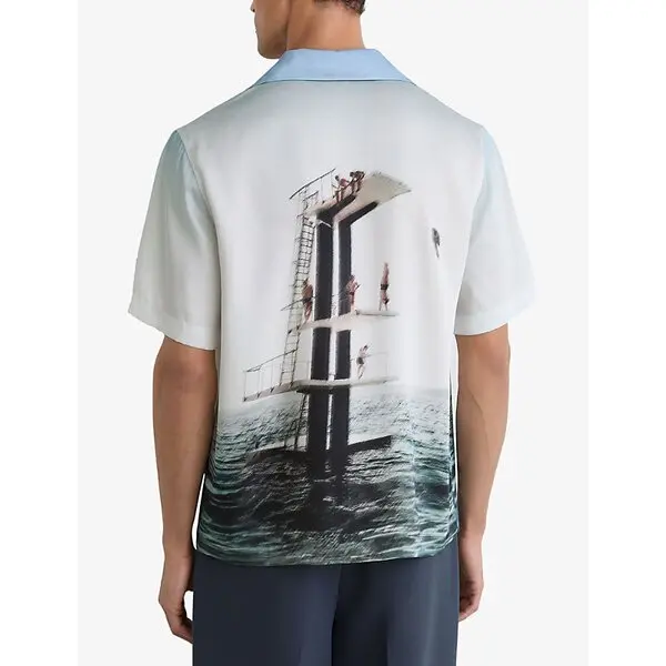 REISS Dive Cuban-collar Landscape-print Woven Shirt