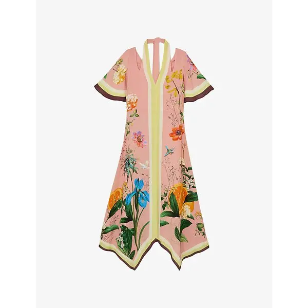 REISS Floral-print Cut-out Woven Midi Dress - Pink