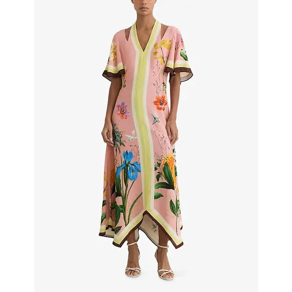 REISS Flossy Floral Print Cut-out Woven Midi Dress