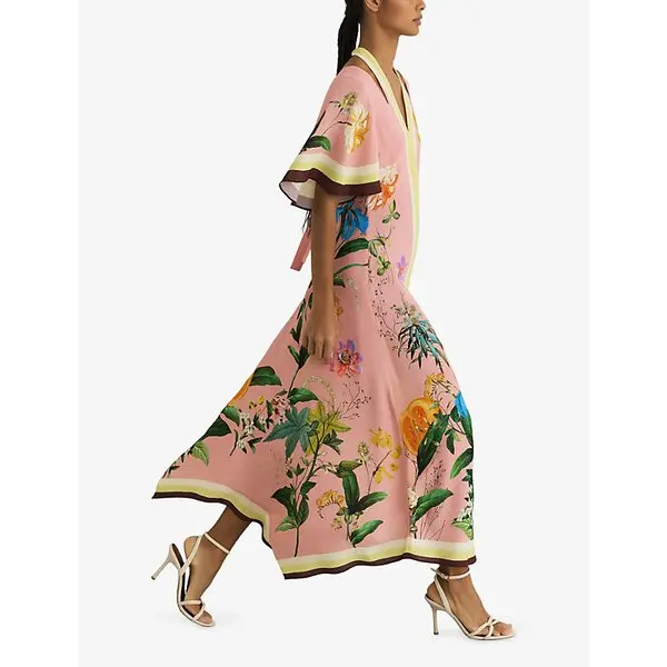 REISS Flossy Floral Print Cut-out Woven Midi Dress