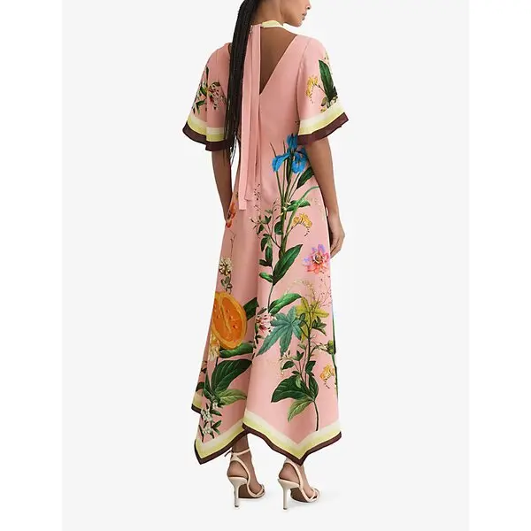 REISS Flossy Floral Print Cut-out Woven Midi Dress