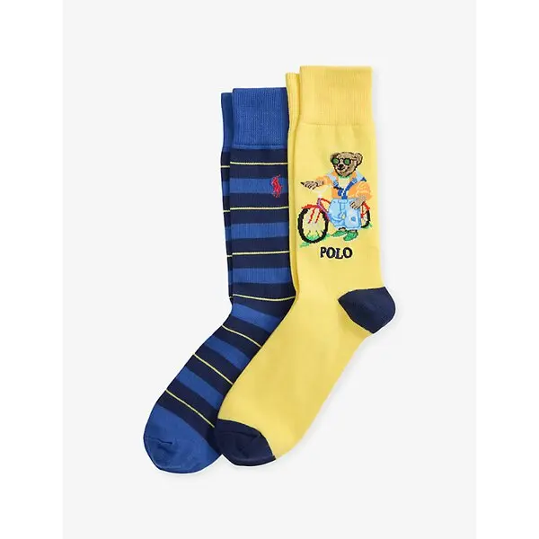 Polo Ralph Lauren Set Of Two Cotton-blend Crew Socks With Branded Details - Yellow/red