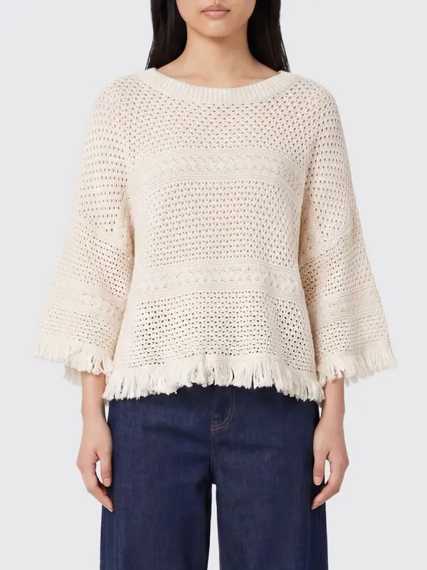 Max Mara Cotton Openwork Knit Jumper With Fringed Hem - Ecru
