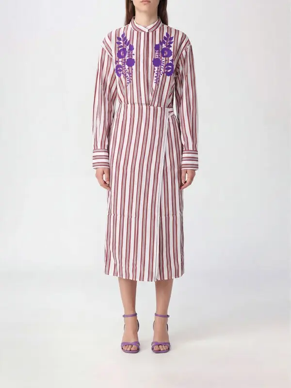 Antik Batik Striped And Floral Cotton Long Wrap Shirt Dress With Mandarin Collar