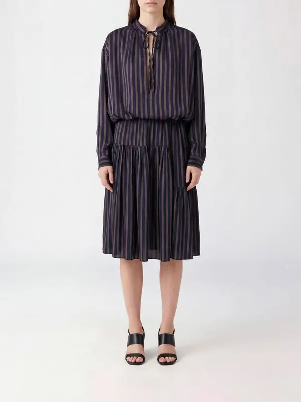 Dries Van Noten Striped Cupro Midi Dress With Mandarin Collar - Blue