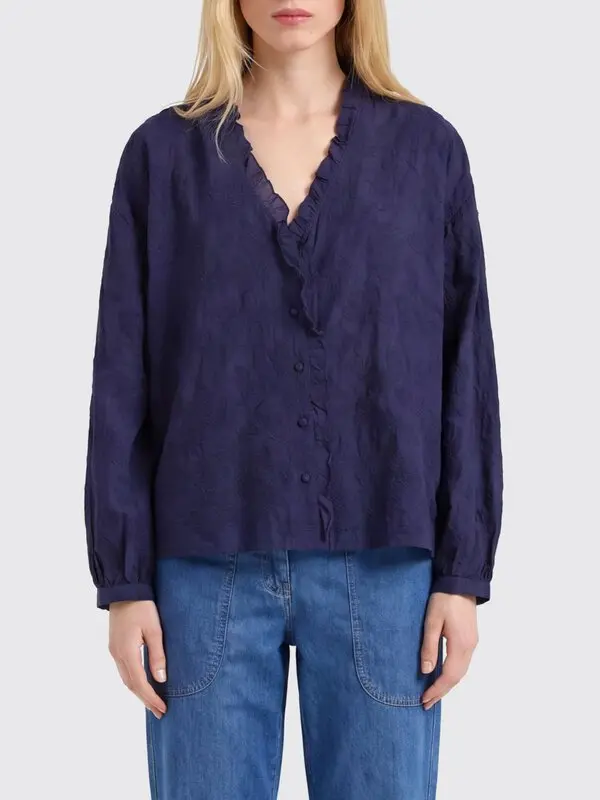 Momoni Relaxed Fit V-neck Cotton Voile Shirt With Dropped Shoulders