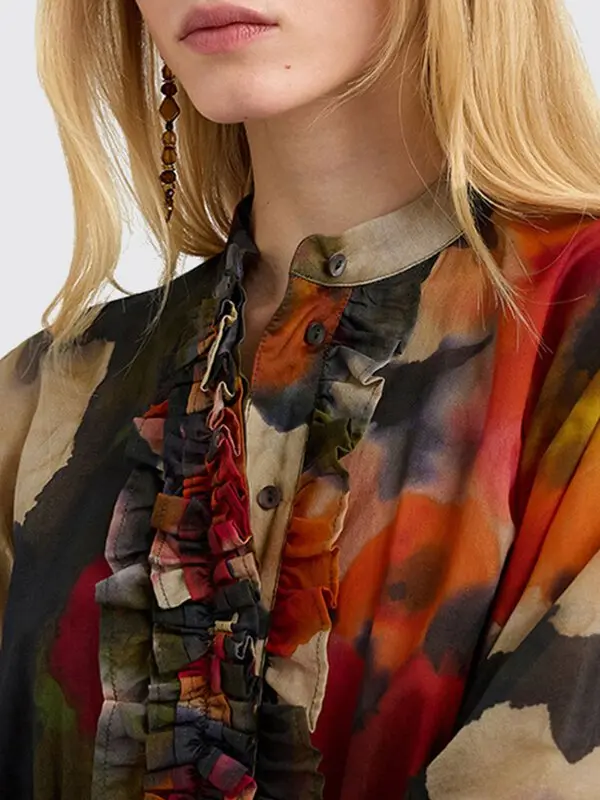 Momoni Short-sleeved Floral Print Cotton Shirt With Ruffles And Mandarin Collar