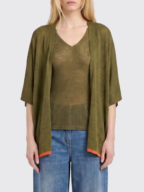 Momoni Open-front Cardigan In Linen Blend With Contrast Trims - Sage