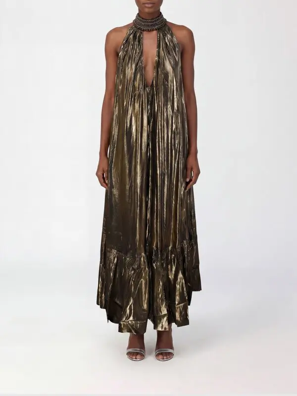 MES DEMOISELLES Long Halterneck Lurex Gown With Beaded Embellishments - Grey
