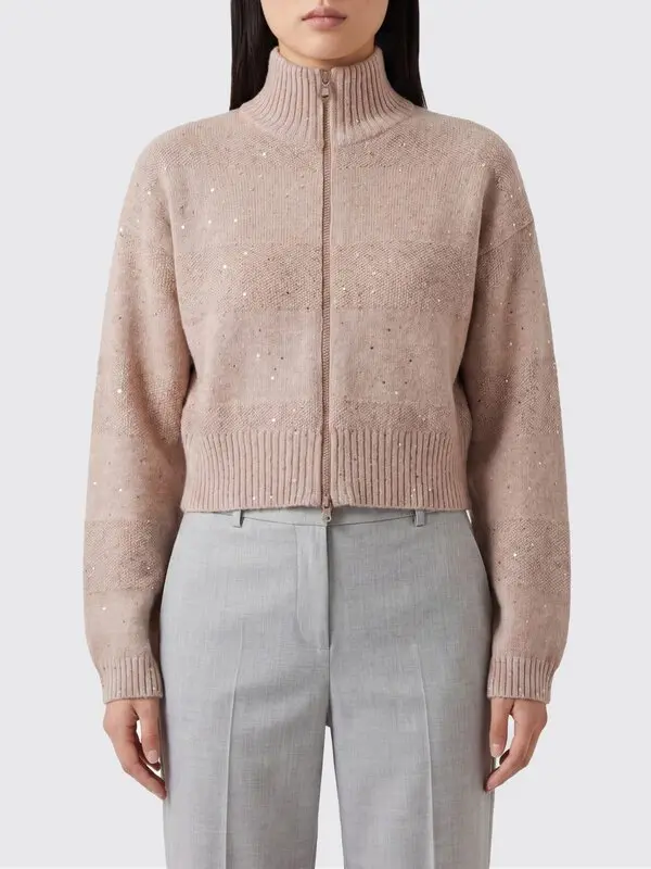 Brunello Cucinelli Sequin-embroidered Cotton Zip-up Turtleneck Cardigan - Beige