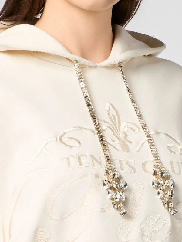 Philipp Plein Cotton Hoodie With Jewelled Drawstring - White