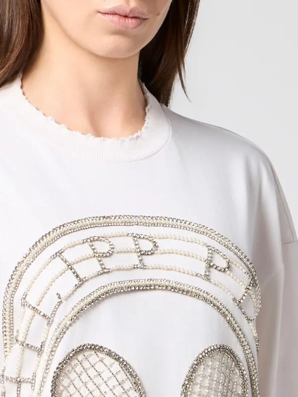 Philipp Plein Tennis Club Rhinestone Logo Cotton Sheath Mini Dress