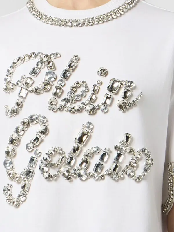 Philipp Plein Cropped Cotton Jersey T-shirt With Rhinestone Logo And Wavy Hem
