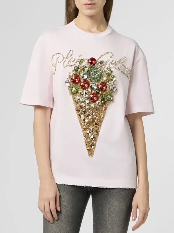 Philipp Plein Cotton Jersey T-shirt With Rhinestone Logo And Fringed Hem