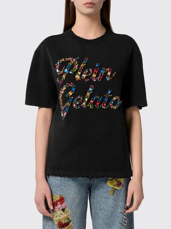 Philipp Plein Relaxed Fit Cotton T-shirt With Rhinestone Logo And Fringed Hem