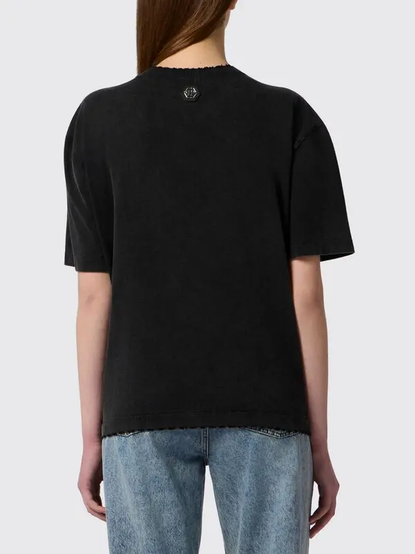 Philipp Plein Relaxed Fit Cotton T-shirt With Rhinestone Logo And Fringed Hem