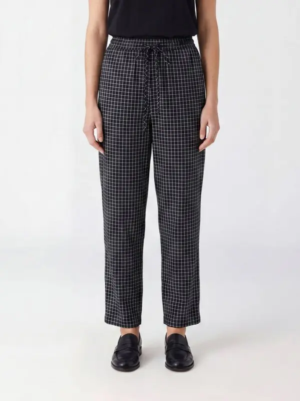 DUNST Straight Leg Check Cotton Blend Trousers With Elasticated Waist And Drawstring