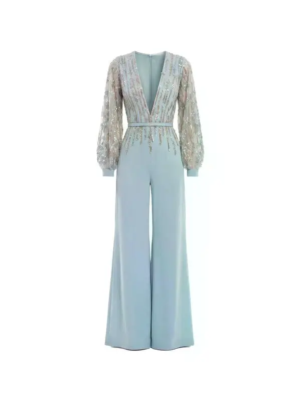 SAIID KOBEISY Beaded V-neck Belted Wide-leg Jumpsuit - Blue