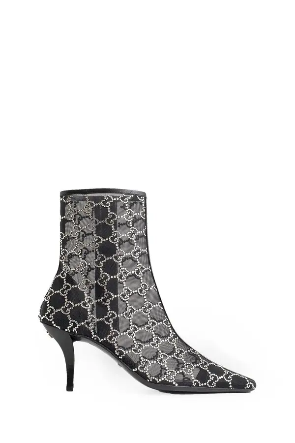 Gucci Gg Crystal Mesh Leather Trim Pointed Toe Stiletto Heel Boots