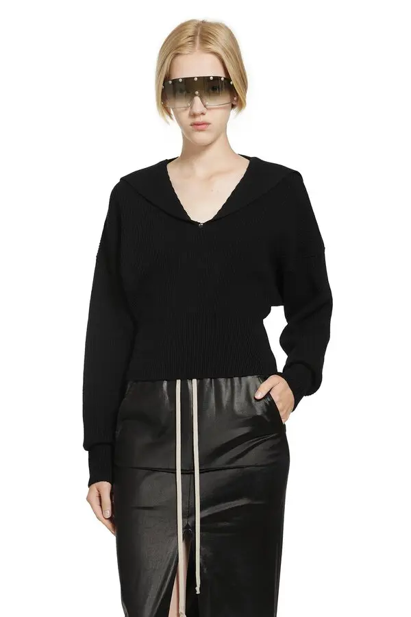 Rick Owens Temple Dracula Cropped V In Heavy Fisherman Wool Knit - Black